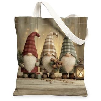 Generic Sacs fourre-tout en toile avec motif de nains de vacances, sacs dépicerie légers et lavables, décoration dintérieur rustique dhiver, bandoulière, Mult