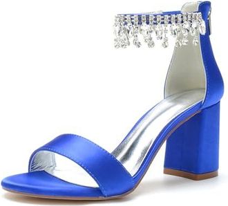 Generic Chaussures De Mariage Femmes Bloc Chunky Talon Heel Ouvert Bout Lani&egrave;res Cheville Mari&eacute;e Hauts Talons Sandales 8Cm,Bleu,38 EU