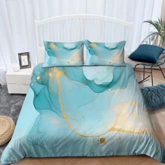 Generic Drucken Bettwäsche Abstrakte Marmorierte Textur Thema Mikrofaser Bettbezug Set mit Kissenbezug 80x80cm Hellblau Bettbezug 180 x 200 cm mit Reißverschl