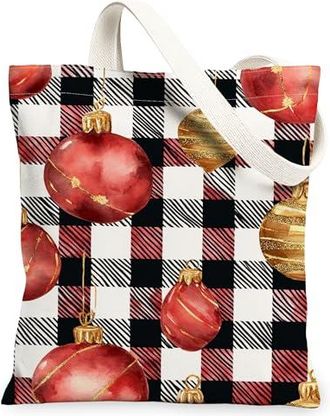 Generic Sacs fourre-tout en toile de vacances, motif ornement festif, sacs de courses r&eacute;utilisables, chic &agrave; carreaux l&eacute;gers et lavables en toile pour salle de