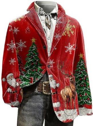 Generic Blazer de Noël hideux pour homme en velours côtelé avec poches fantaisie style rétro festif costume manteau tendance flocon de neige Père Noël imprimé