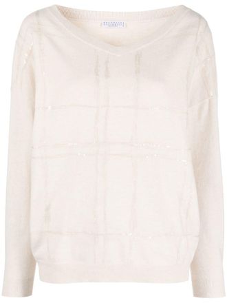 Brunello Cucinelli Kaschmirpullover mit V-Ausschnitt - Nude