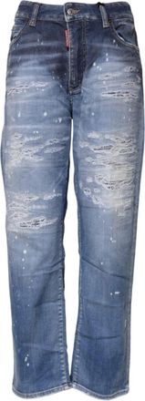 Dsquared2 Femme, Jeans, Bleu, Taille: 34 FR Jean Droit En Denim De Coton Effiloch&eacute; &Agrave; Taille Moyenne