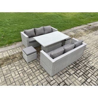 Fimous Polyrattan Gartenm&ouml;bel Set mit 2 Sofa, H&ouml;he verstellbar Esstisch und 2 Kleiner Hocker Outdoor Terrassen Essgruppe Helles Grau - Fimous