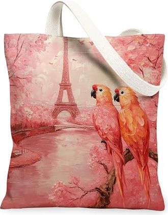 Generic Sac fourre-tout en toile motif perroquets et oiseaux pour faire du shopping 33 x 38,1 cm, sac &agrave; bandouli&egrave;re r&eacute;utilisable pour la Saint-Valentin, for&ecirc;t