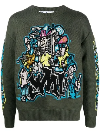 Off-white pull en maille intarsia &agrave; manches longues - Vert