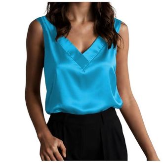 Generic D&eacute;bardeurs en satin Femme Brillance Tank Top El&eacute;gant Haut sans Manches Blouse Mode D&eacute;bardeur en Col en V Basiques T-Shirt D&eacute;contract&eacute; Aspect Soie Chem