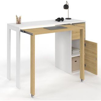 IDMarket Idmarket - Bureau extensible ron avec colonne de rangement tiroir et placard blanc et bois