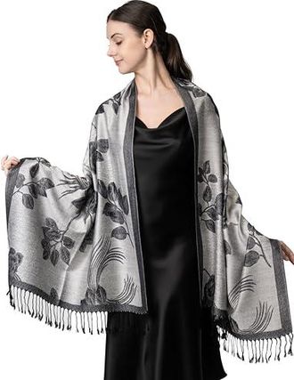 achillea Châle pashmina pour femme, Floral gris argenté, 28 W x 76 L