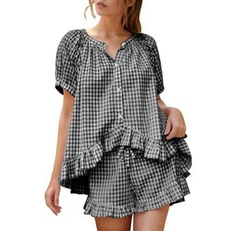 Generic Ensemble de pyjama vichy pour femme, 2 pièces en coton à manches courtes et à volants, Noir, XXL