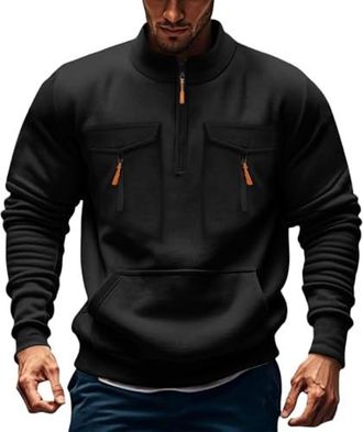 Generic Sweat-shirt sans capuche en polaire pour homme - Demi-fermeture &eacute;clair - Manches longues - Coupe droite - Confortable - T-shirt dext&eacute;rieur doux - Prin
