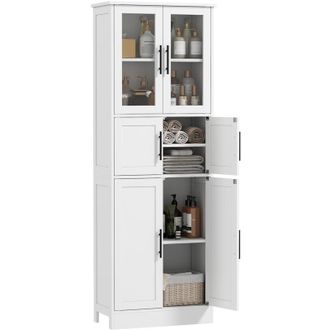 HOMCOM Meuble de salle de bain - HOMCOM - 6 niveaux - 6 portes dont 2 vitr&eacute;es, &eacute;tag&egrave;res r&eacute;glables - MDF - 60x30x170cm - blanc