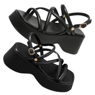 Frcolor Sandales Compens&eacute;es &agrave; Plateforme pour Femmes Semelle &Eacute;paisse Taille 35 Couleur Noire Sandales D&Eacute;t&eacute; D&eacute;contract&eacute;es et Respirantes pour Plage Vacances et