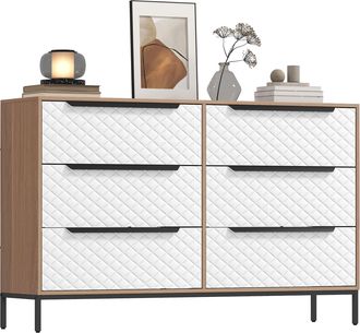 HOMCOM 6 Schublade Stoff Kommode, Schlafzimmer Kommode der Schubladen, Diamant-Muster Schubladenfronten, f&uuml;r Wohnzimmer, B&uuml;ro, Ankleidezimmer, Natur & Wei&szlig;