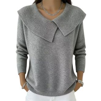 Generic Pull en tricot &agrave; col pour femme - Style r&eacute;tro - Couleur unie - Pull dhiver, gris, XXL