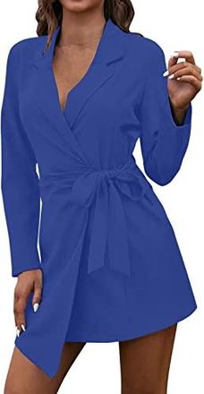 Generic Vestes pour femmes 2026 pour femmes, costume tendance, couleur unie, cravate &agrave; la taille, manches longues, veste de style robe, bleu, XXL
