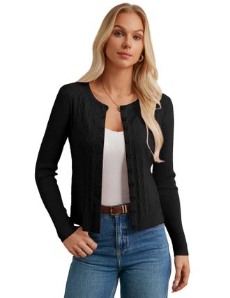 Grace Karin Damen Strickmantel Langarm Rundhals Casual Kurz Strickjacke Cardigan Sweater Blazer Schwarz XXL