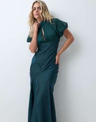 Asos Petite ASOS DESIGN Petite robe longue en m&eacute;lange satin et mousseline &agrave; manches bouffantes, bleu canard-Noir