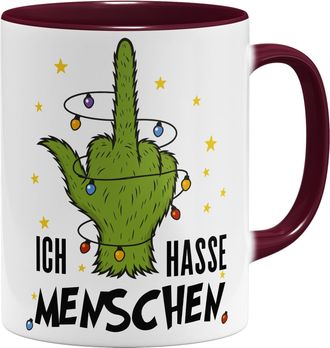OM3 lustige Anti Weihnachten Kaffee-Tasse mit Spruch - Ich hasse Menschen - Keramik Becher - 325ml - Beidseitig Bedruckt - Bordeaux