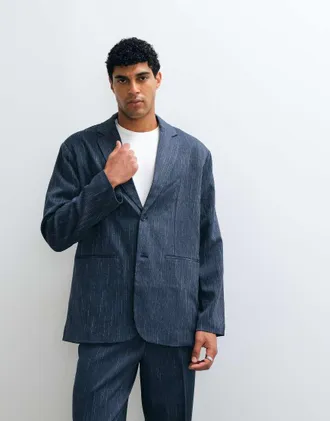 Asos Veste de costume oversize en denim aspect rayures fines - Bleu marine