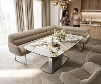 DELIFE Esszimmerbank Taya-Flex 285x190 cm Boucl&eacute; Schlamm Kufengestell flach Edelstahl Taschenfederkern Links, B&auml;nke