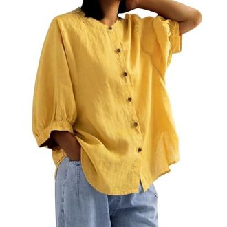Generic Chemisier en lin pour femme - Col rond - Manches 3/4 - Couleur unie - Boutonn&eacute; - Haut d&eacute;contract&eacute; - &Eacute;t&eacute; - Grande taille - Mousseline et lin - Hauts re