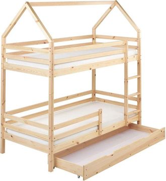 Beliani Hochbett Hellbraun Kiefernholz 90 x 200 cm f&uuml;r 2 Personen Modern Etagenbett mit Leiter 2 Schubladen und Lattenrost Hausbett Schlafzimmer