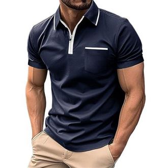 Generic Polo coupe classique pour homme - T-shirt &agrave; manches courtes - Col zipp&eacute; - Polo de golf avec poche - T-shirt daffaires respirant - T-shirt d&eacute;t&eacute; d&eacute;contr