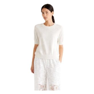 Meimeij Femme, Pulls, Blanc, Taille: 48 FR M6Pz16 Pull &agrave; manches courtes et col rond