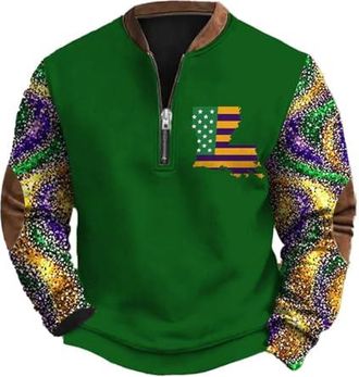 Generico Sweat de carnaval pour homme avec fermeture &eacute;clair imprim&eacute; 3D de la cath&eacute;drale de Cologne et clown - Pull &agrave; manches longues ray&eacute; avec col montant pour