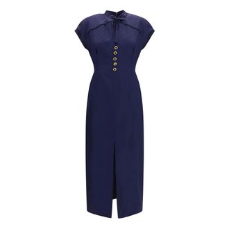 Alessandra Rich Seiden-Midikleid mit Kn&ouml;pfen und Kontrastpaspeln - - Dresses - Damen - Blau - S