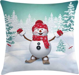 Abakuhaus Weihnachten Kissenbezug, Skifahren-Schneemann-B&auml;ume, Kissenbezug Beidseitiges Muster Klarer Digitaldruck Farbfest mit Rei&szlig;verschluss, 50 x 50 cm, Teal
