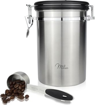 Milu Kaffeedose luftdicht | 500g, 700g | Kaffeebohnen Behälter Edelstahl Vorratsdosen Vakuum Kaffeebox mit Kaffeelöffel (Edelstahl, 700g)