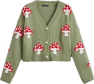 Generic Pull à col en V champignon pour femme - Décontracté à manches longues - Pull ample en tricot mignon et polyvalent (taille uniforme), vert, Taille M