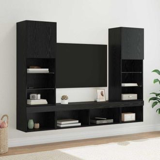 vidaXL vidaXL Unit&eacute;s murales TV avec LED 5 pcs Ch&ecirc;ne noir Bois ding&eacute;nierie