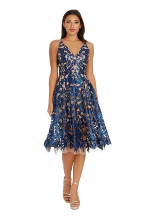 Dress The Population Damen Blair Midikleid mit Tiefer Passform und Ausgestelltem Schnitt Kleid für besondere Anlässe, Marineblau/Nude, Mittel