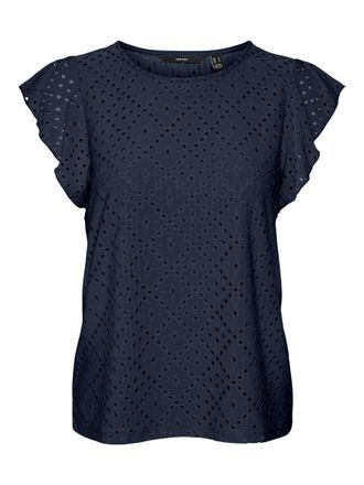 Vero Moda Damen Shirt Bluse mit Loch Muster und Kurzen Flügelärmeln, Farben:Navy, Größe:L