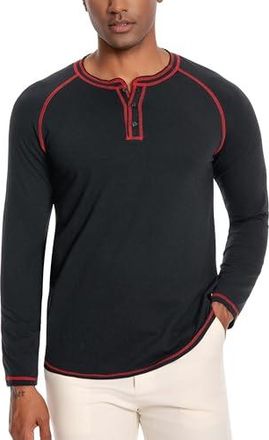 Nutria Henley U15A T-shirt à manches longues en coton pour homme Style décontracté Automne Printemps T-shirt léger Coupe ajustée avec bouton, Noir, XXL