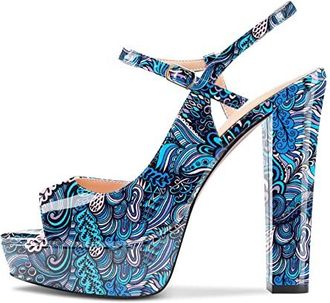 Castamere Femmes Bloc Chunky Haut High Talon Heel Plate-forme Ouvert Bout Sandales Lanières Cheville Slingback Slip-on Party Chaussures 13 CM Heels Bleu Multico