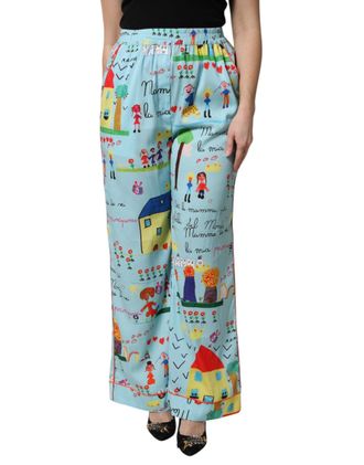 Dolce & Gabbana Womens Light Blue Drawing Mid Waist Wide Leg Pants Polyester Elastane