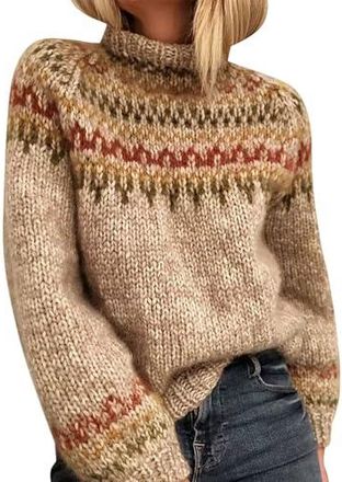 Generic Pull Femme Norvégien dhiver Chaud Chic Pull Over Tricoté Col Rond À Manches Longues Sweater Tops Motif Jacquard Tunique Grande Taille Pas Cher Décontr