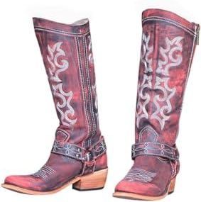 Generic Bottes de cowboy extra larges brodées mi-mollet pour femme - Bottes de cowgirl à talon bas - Bottes western en cuir - Confortables - Talon épais - Bou