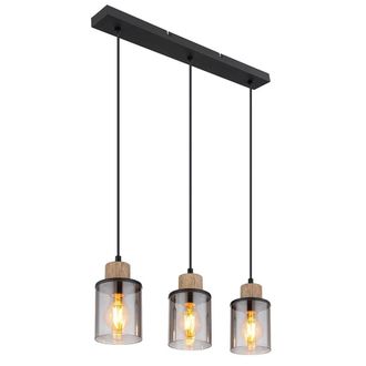 Globo Lighting Pendellampe Esstischleuchte H&auml;ngelampe Wohnzimmer 3 flammig, Metall schwarz Holz braun Glas rauch, 3x E27, LxH 55x 120 cm