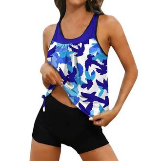 Generic Maillot de bain tankini deux pi&egrave;ces pour femme avec short boyleg - Contr&ocirc;le du ventre - Taille haute - D&eacute;bardeur de bain vintage &agrave; imprim&eacute; floral - Po