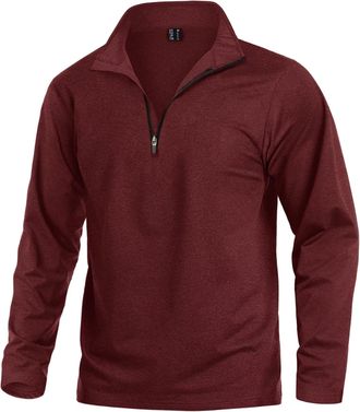 KEFITEVD Sport Pullover Herren mit 1/2 Zip Laufshirt Fleece Wander Jogging Oberteil Fahrrad Bekleidung M&auml;nner Outdoor Langarm Shirt Funktionsshirt Weinrot 2XL