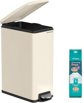 Songmics Poubelle de Cuisine 48L, Poubelle &agrave; P&eacute;dale, Fine, pour Petits Espaces, Couvercle &agrave; Fermeture en Douceur, avec Seau Int&eacute;rieur, en Acier, 15 Sacs Poubel