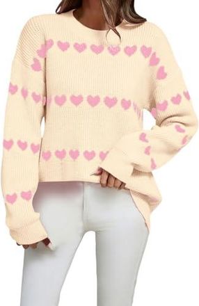 Generic Pull imprim&eacute; pour femme - Haut tricot&eacute; d&eacute;contract&eacute; - Col rond - Manches longues - Pull de Saint-Valentin, beige, XL