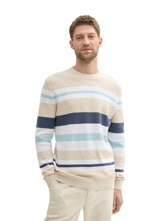 Tom Tailor Herren Strickpullover mit Streifen aus Baumwolle,36225 - Sand White Multi Color Stripe, M