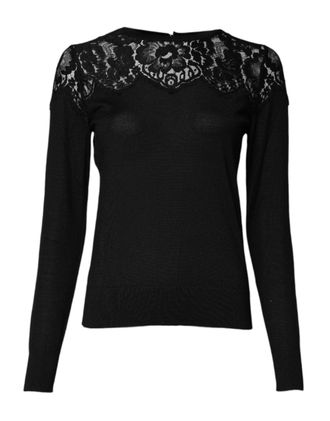 Dolce & Gabbana Womens Black Floral Lace Long Sleeves Blouse Top Cashmere Silk Cotton Nylon
