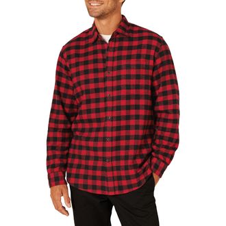 Amazon Essentials Herren Langarmhemd aus Flanell (in &Uuml;bergr&ouml;&szlig;e erh&auml;ltlich), Schwarz Rot Buffalokaros, XL
